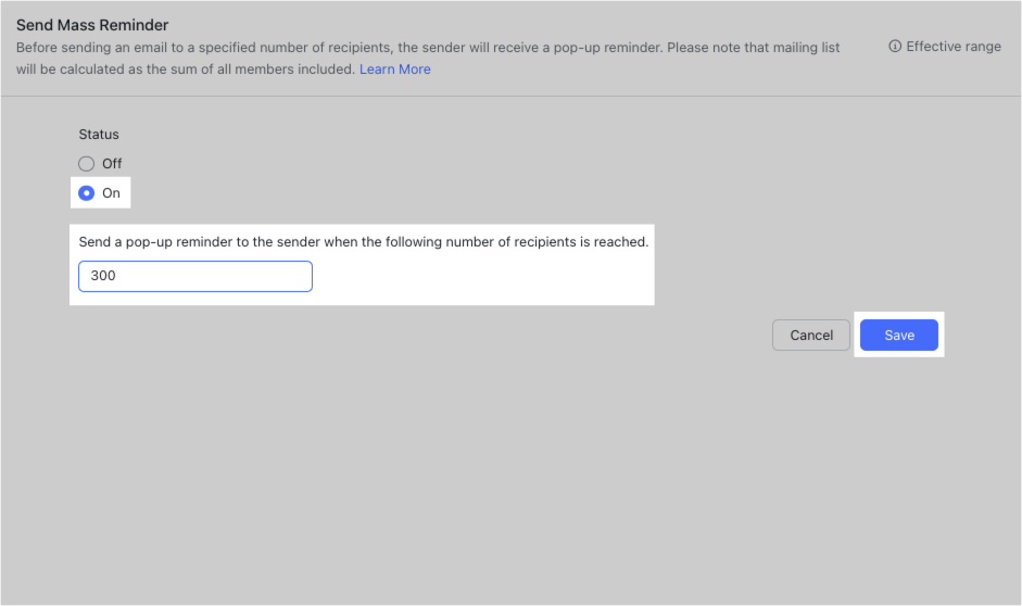 Admin | Set a reminder for large recipient lists
