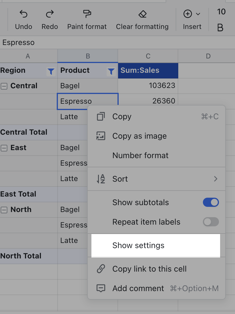 Change the display settings of pivot tables