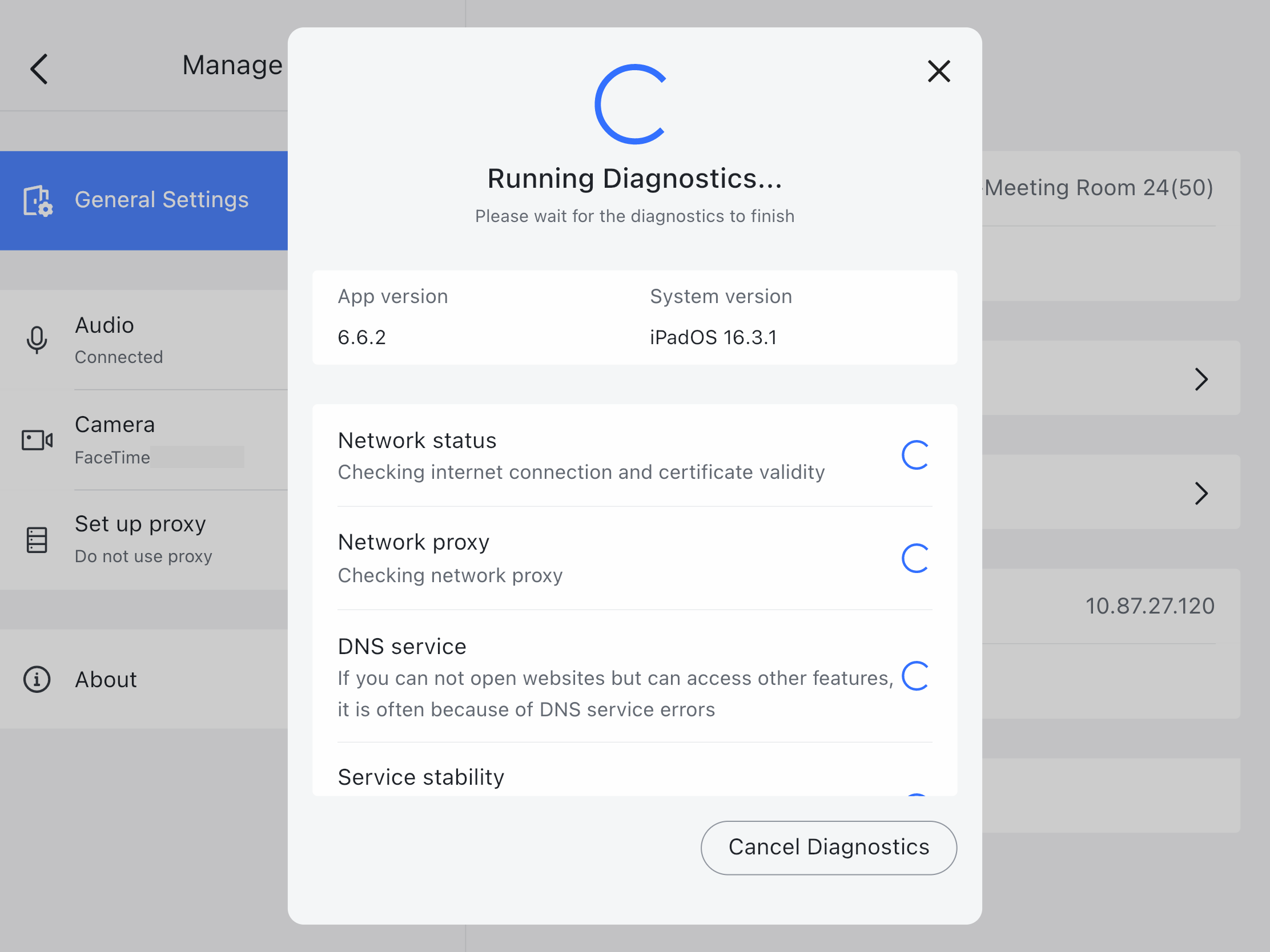 Run network diagnostics on a Feishu Rooms controller or Feishu Rooms ...