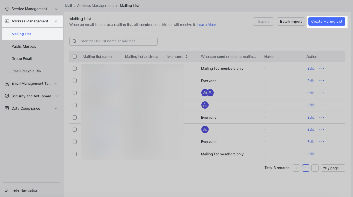 Admin | Create a mailing list