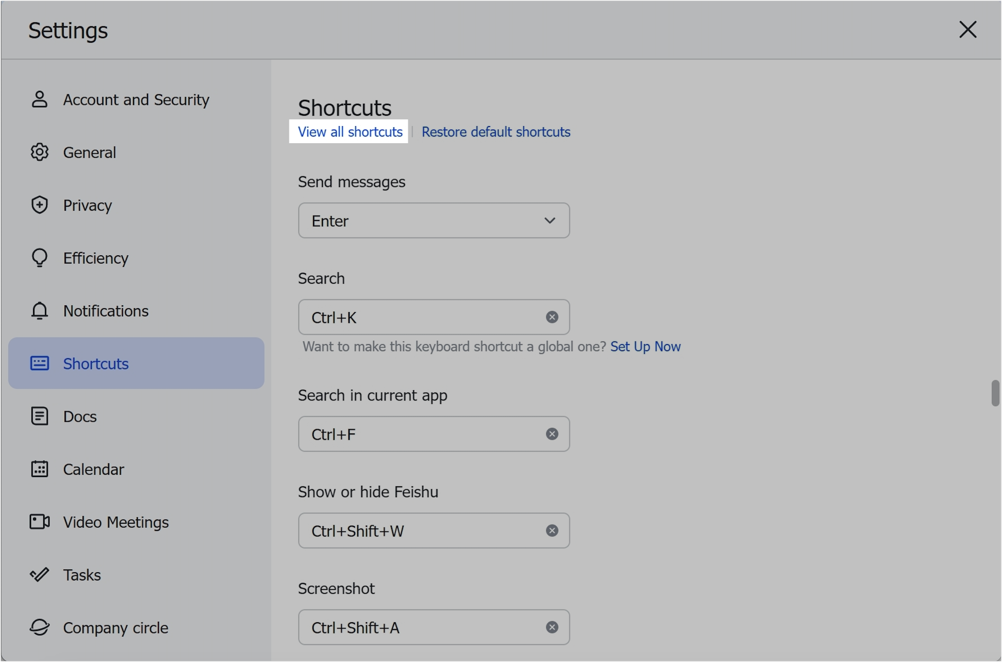 Modify shortcuts in Feishu