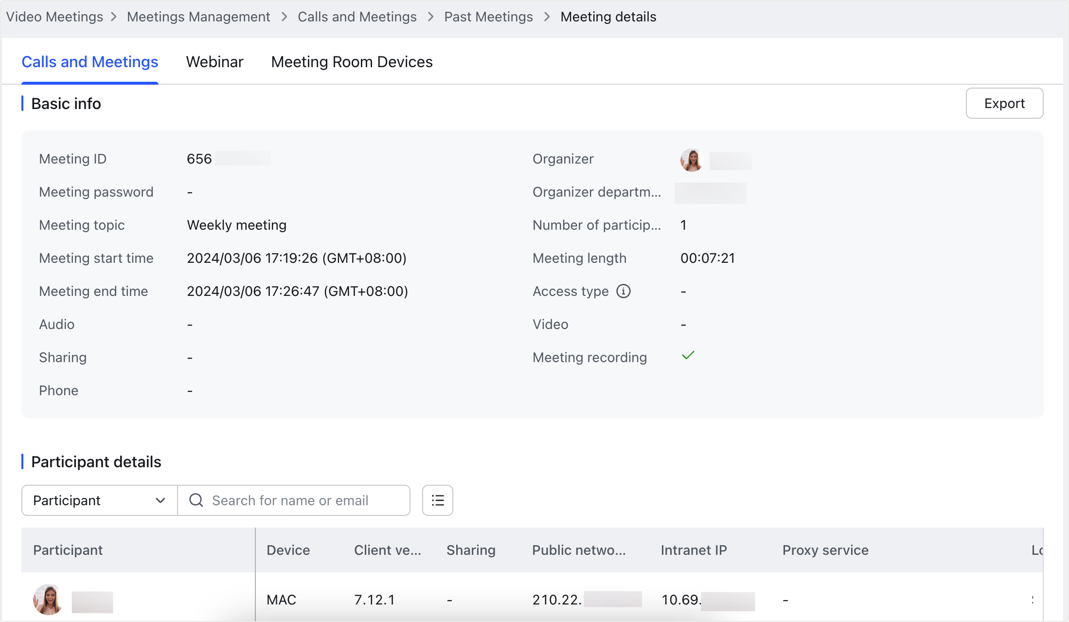 Admin | Monitor meeting data