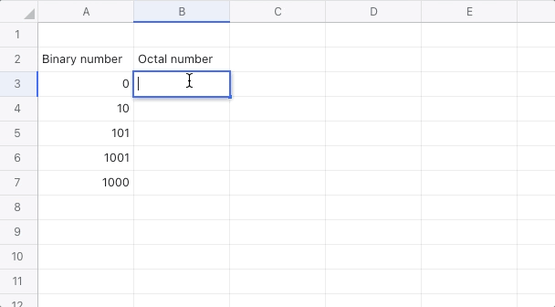 BIN2OCT function for Sheets