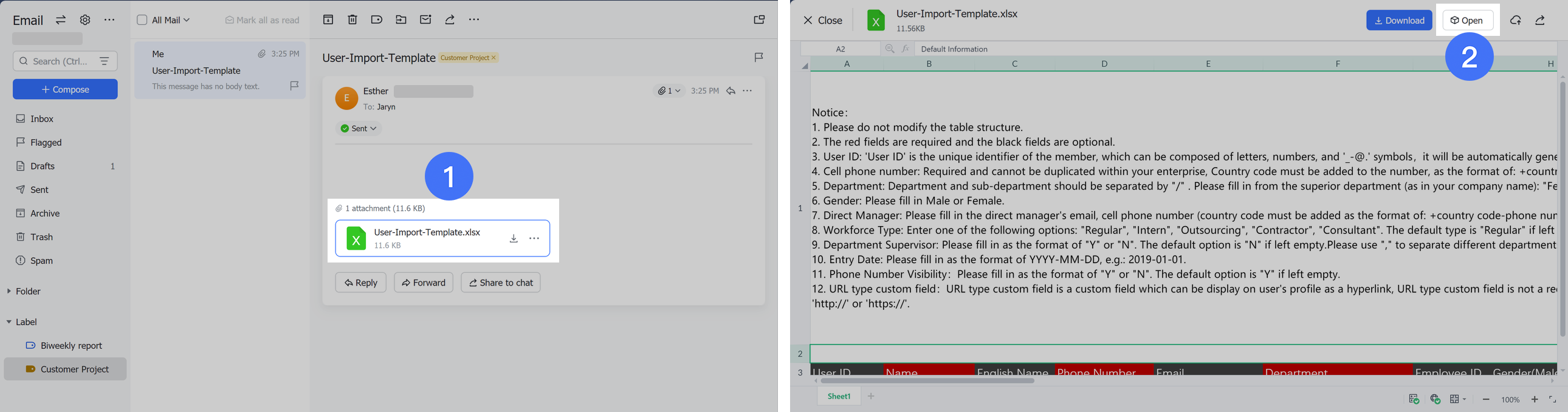 Open email attachments with local applications.