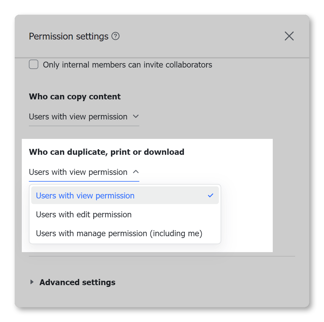 Set share, copy, download, and comment permissions for documents