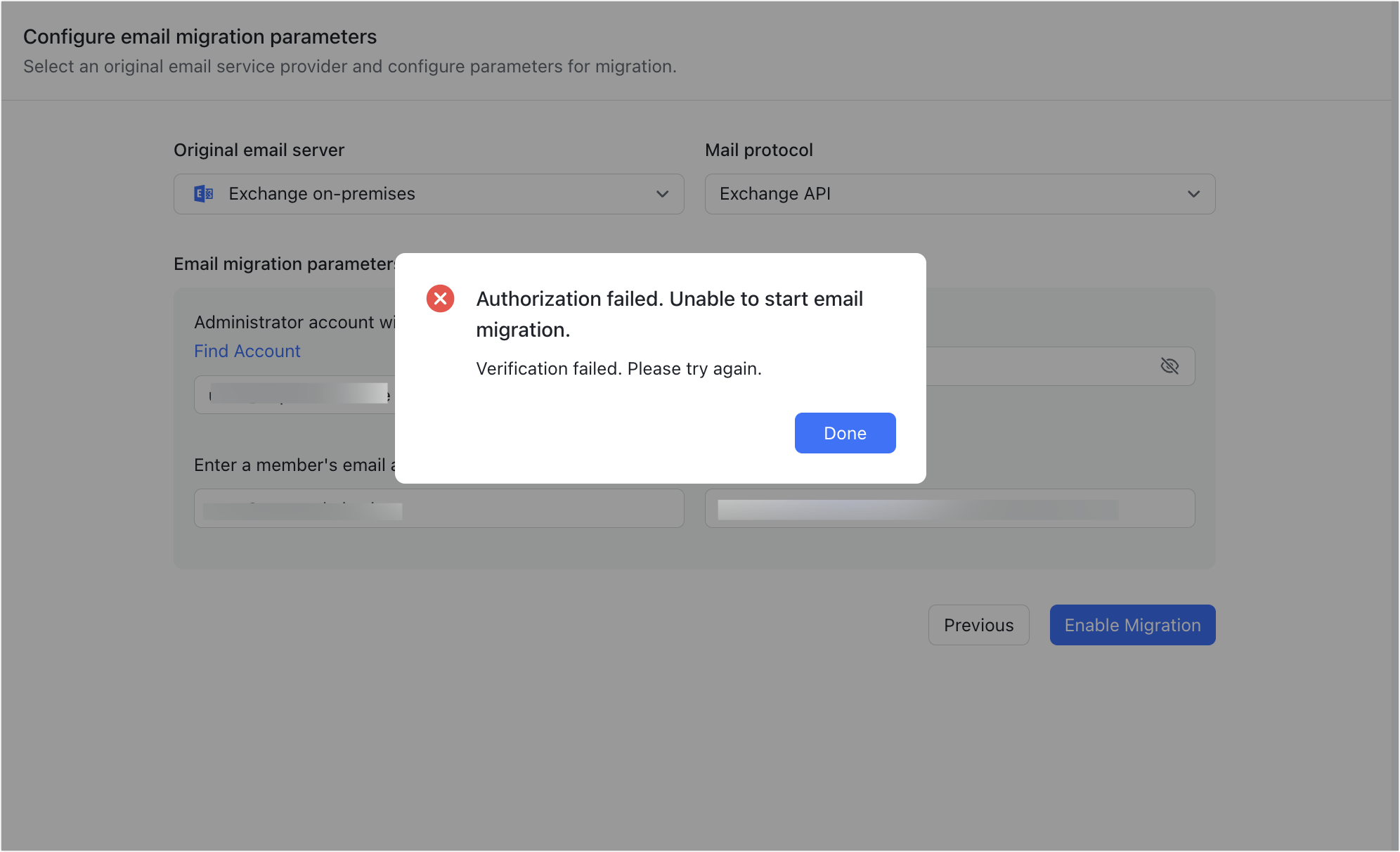 What to do if authentication fails during email migration