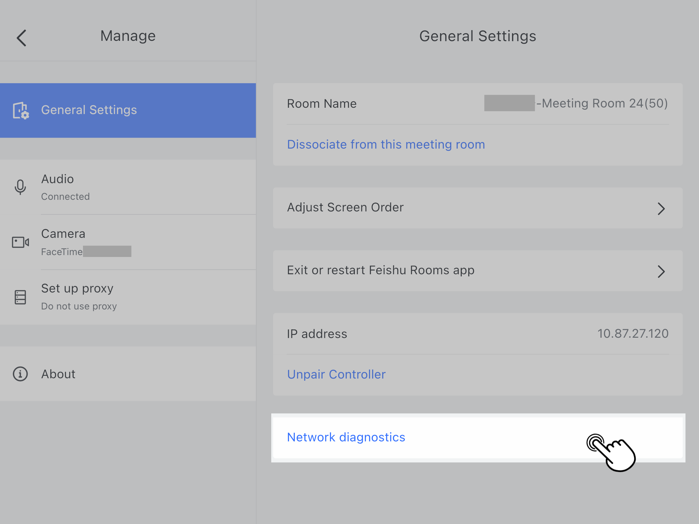 Run network diagnostics on a Feishu Rooms controller or Feishu Rooms ...