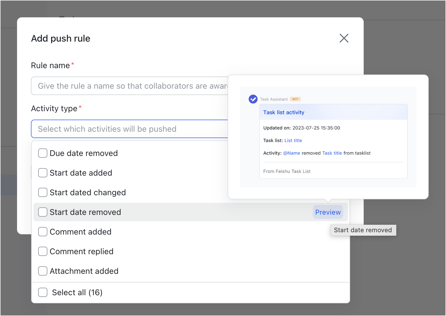 View task list activities and configure push rules