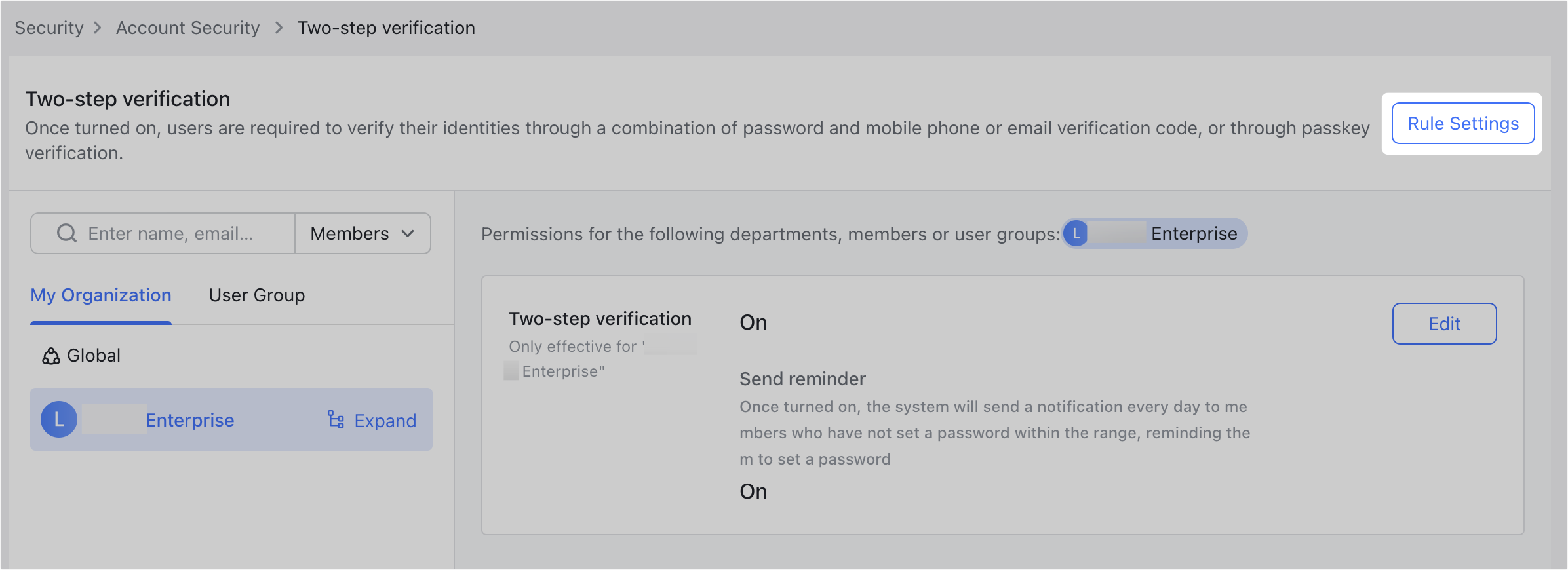 Admin | Enable two-step verification for organization members