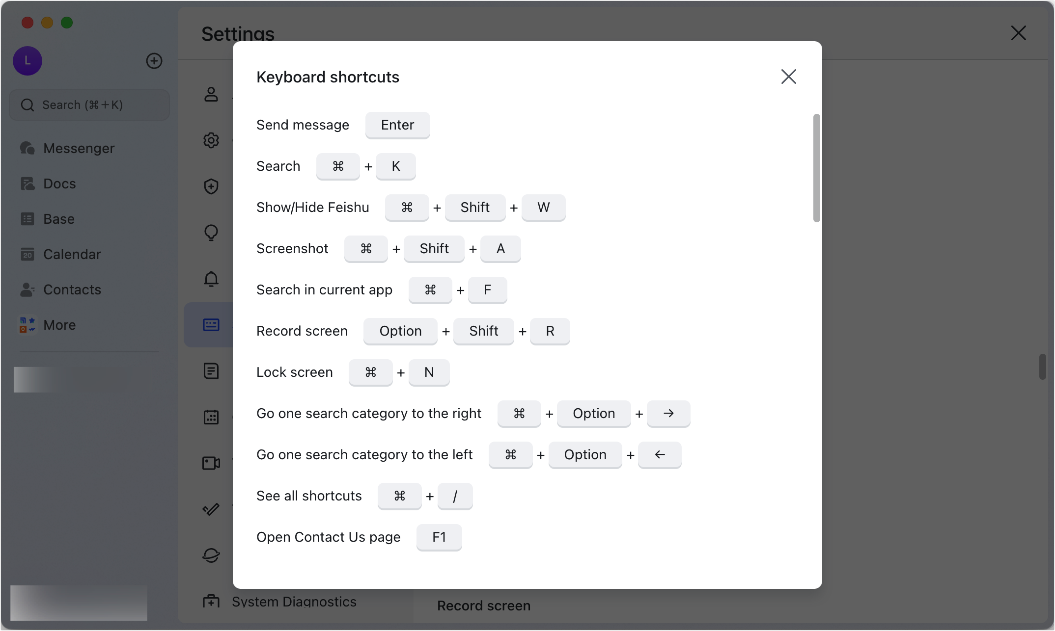 Modify shortcuts in Feishu