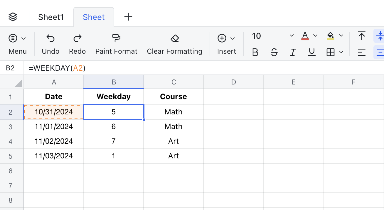 WEEKDAY function for Sheets