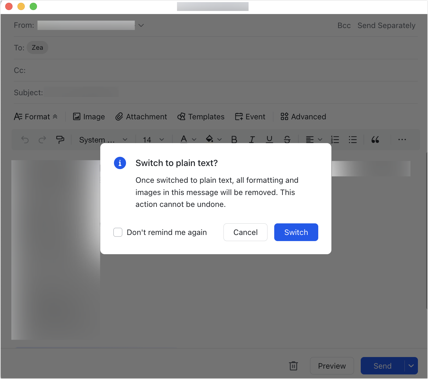 Compose an email in plain text mode