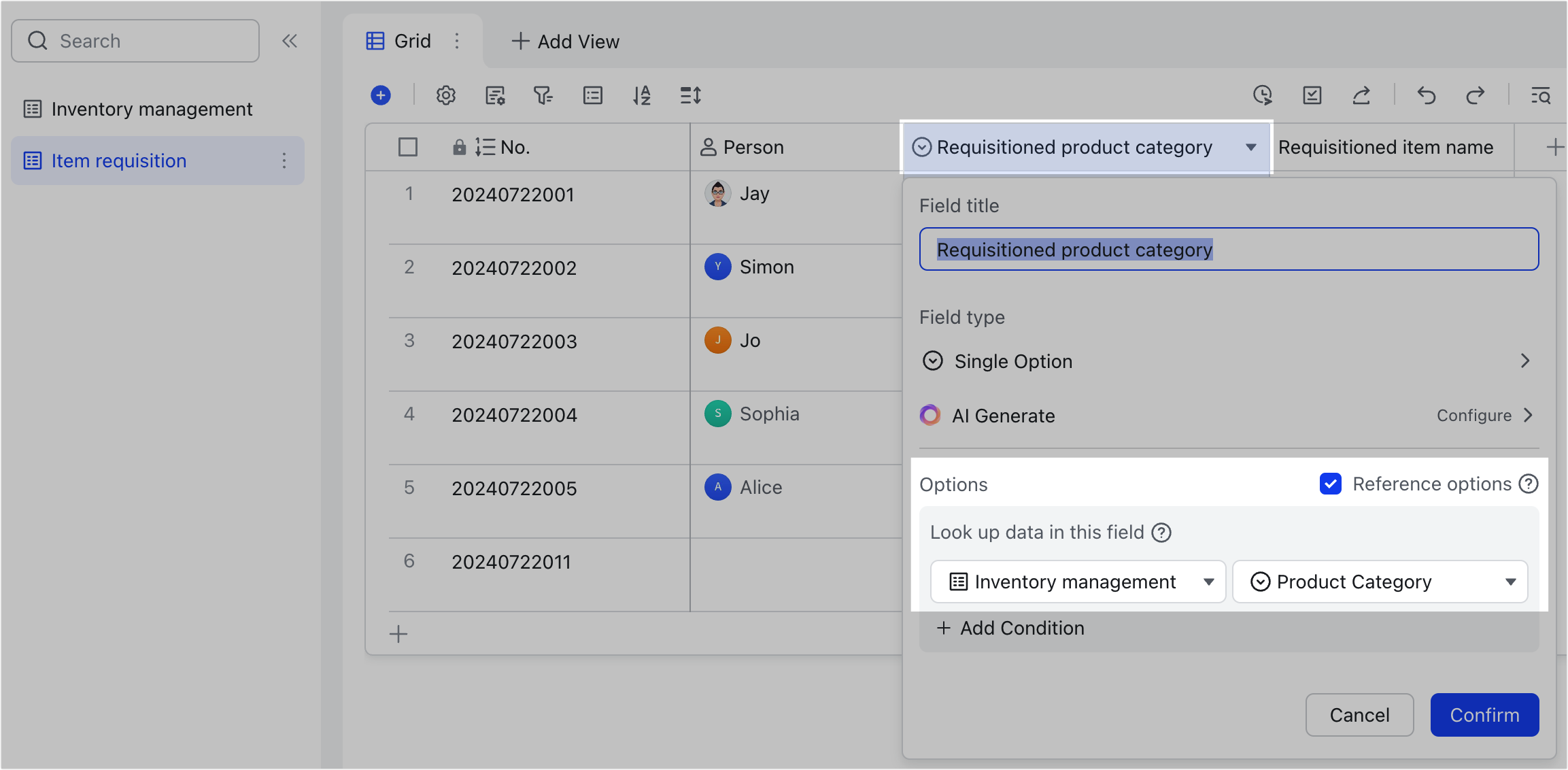 Create hierarchical relationships with single and multiple options fields