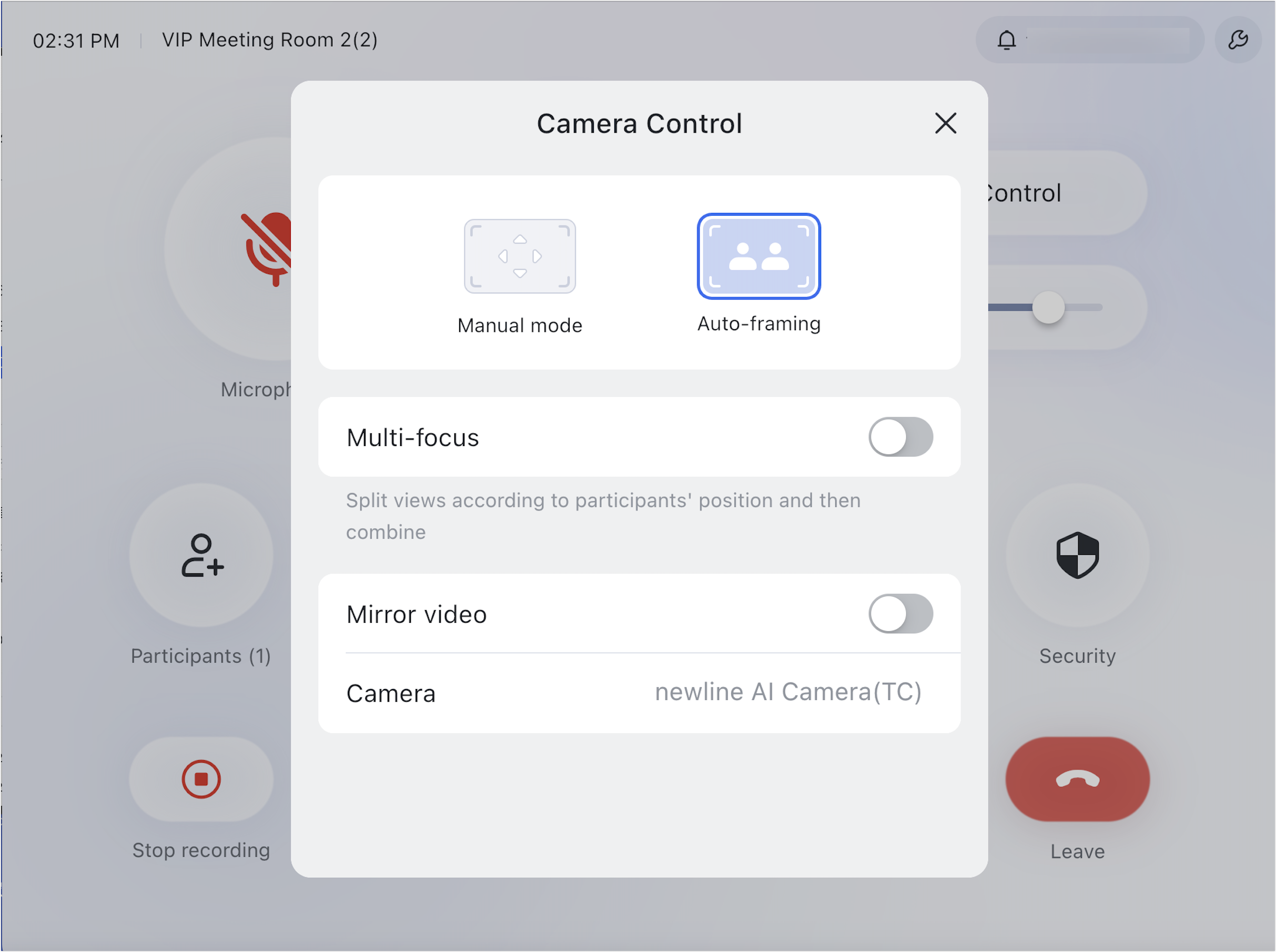 Turn on camera auto-framing during a meeting