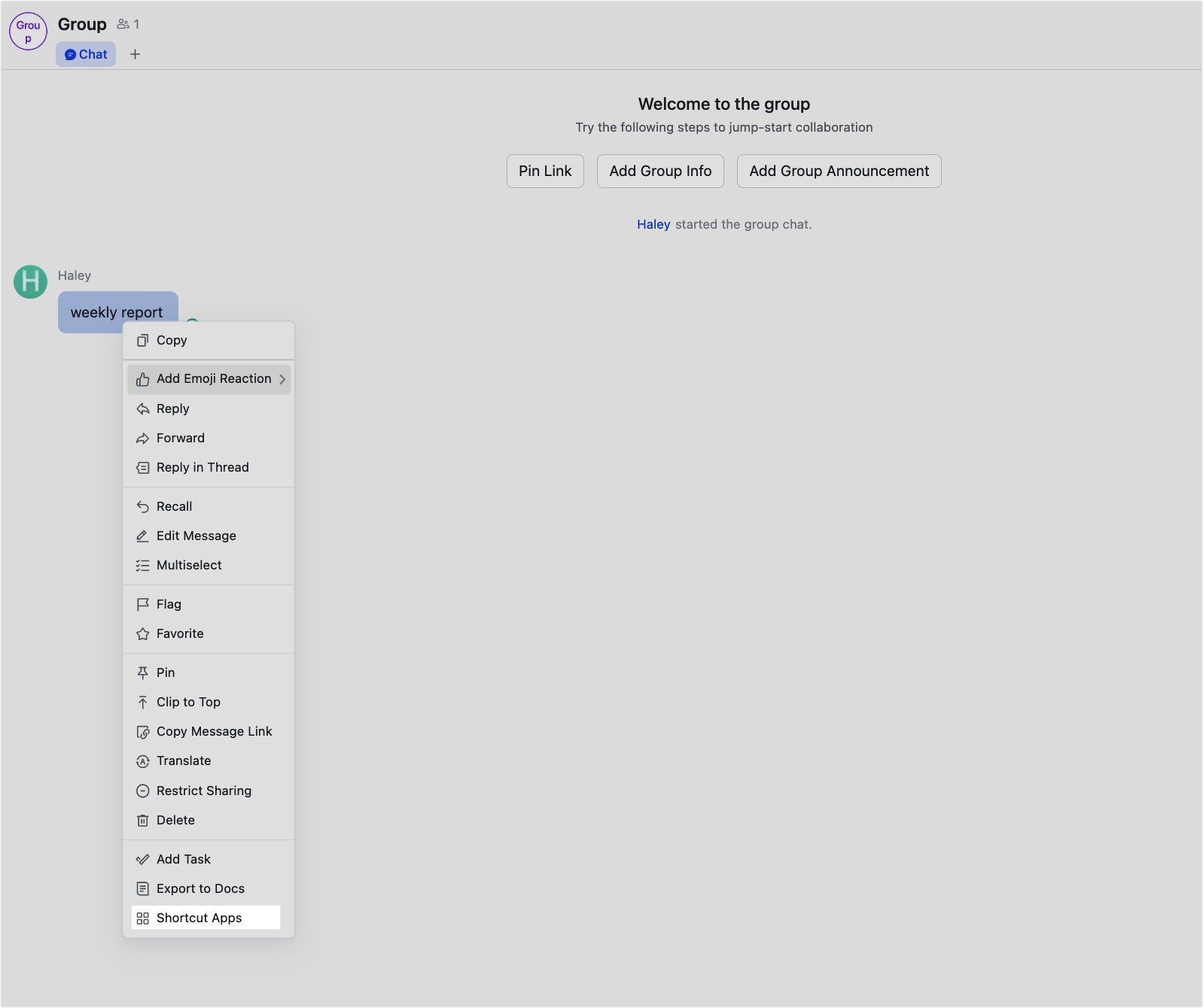Use message shortcuts or "+" menu to open apps