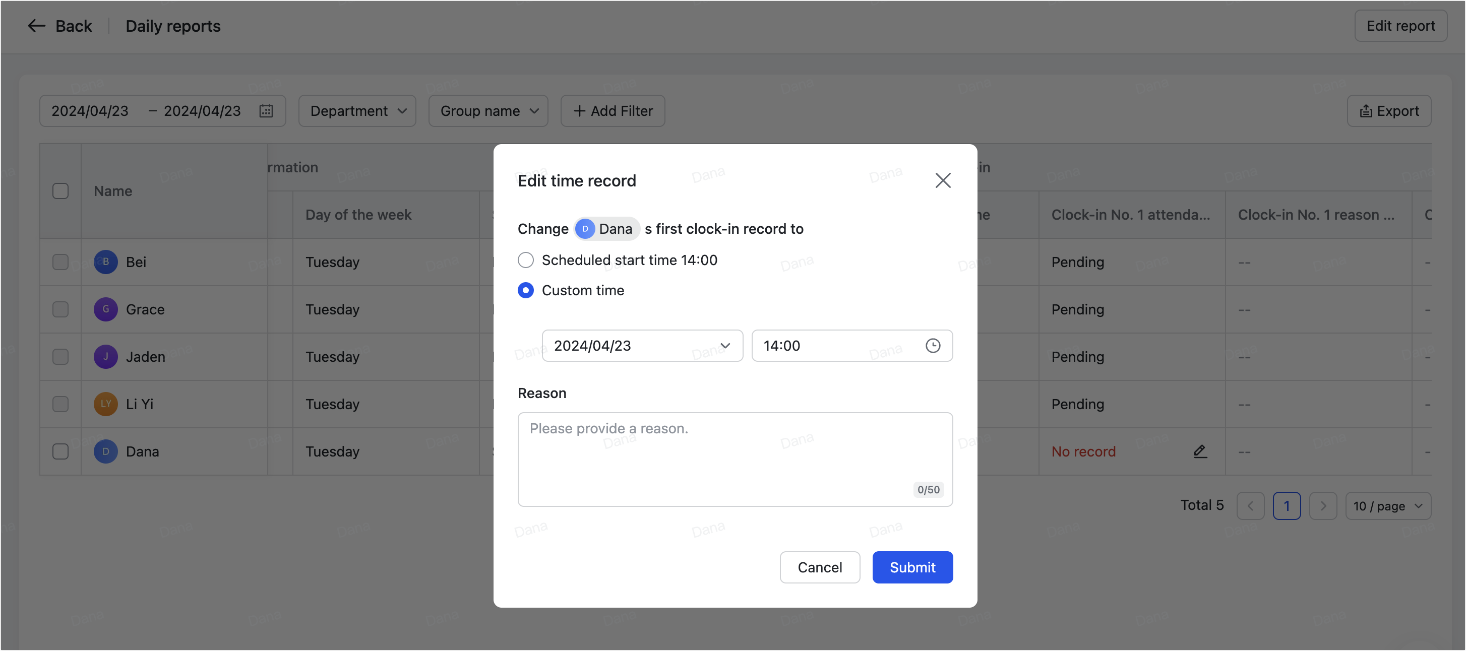 Admin | Edit members' clock-ins and clock-outs