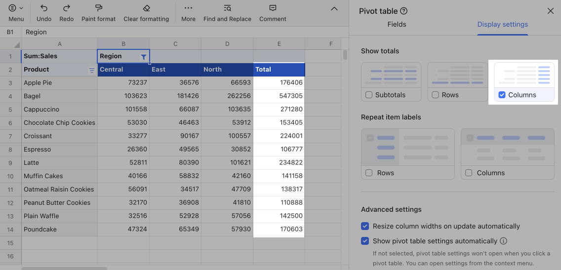 Change the display settings of pivot tables