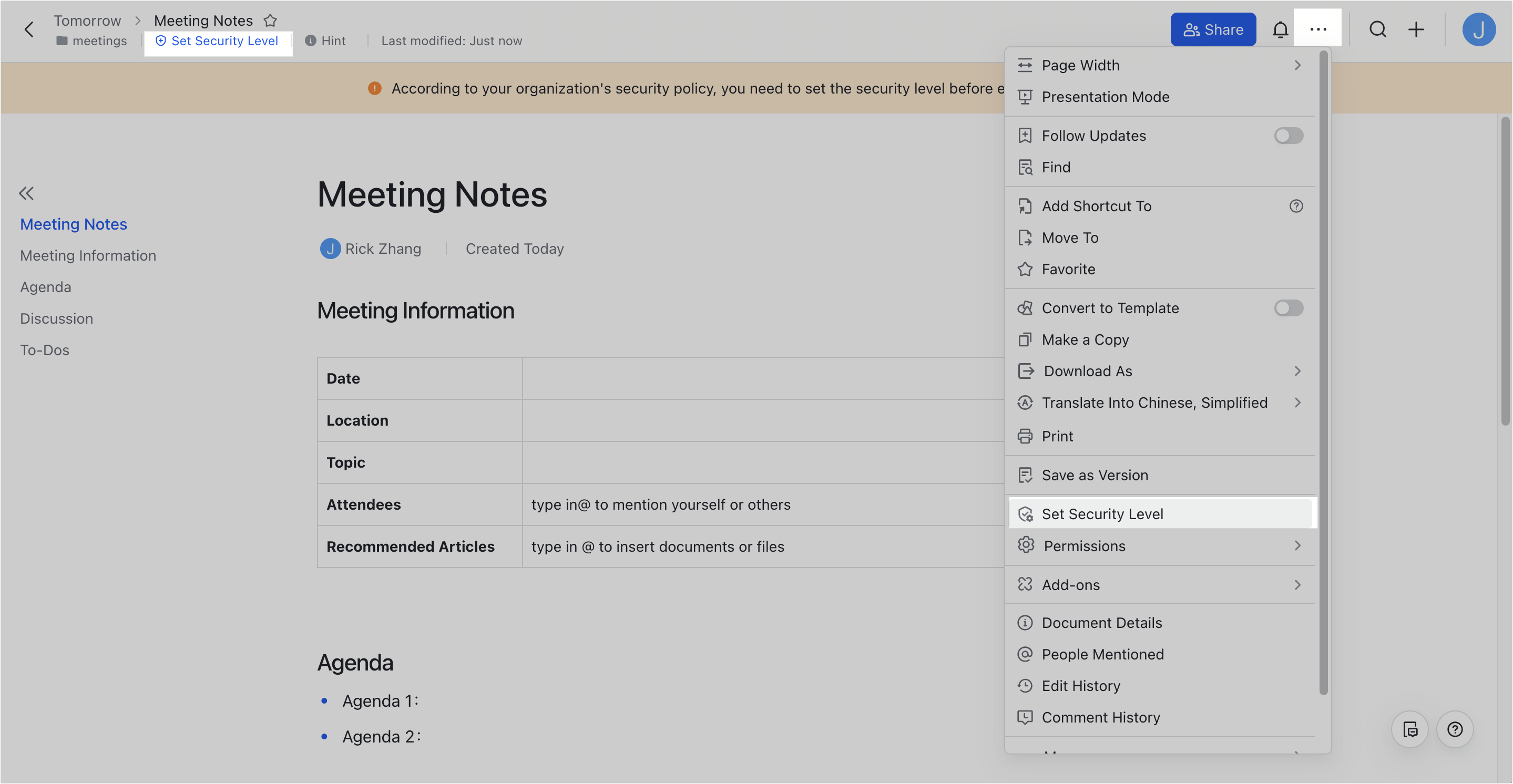 Set or adjust security levels for documents
