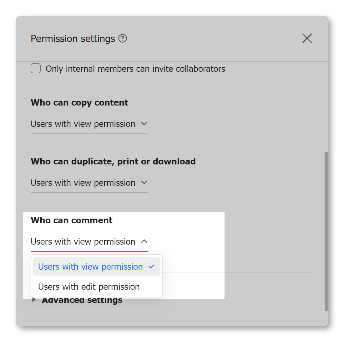 Set share, copy, download, and comment permissions for documents
