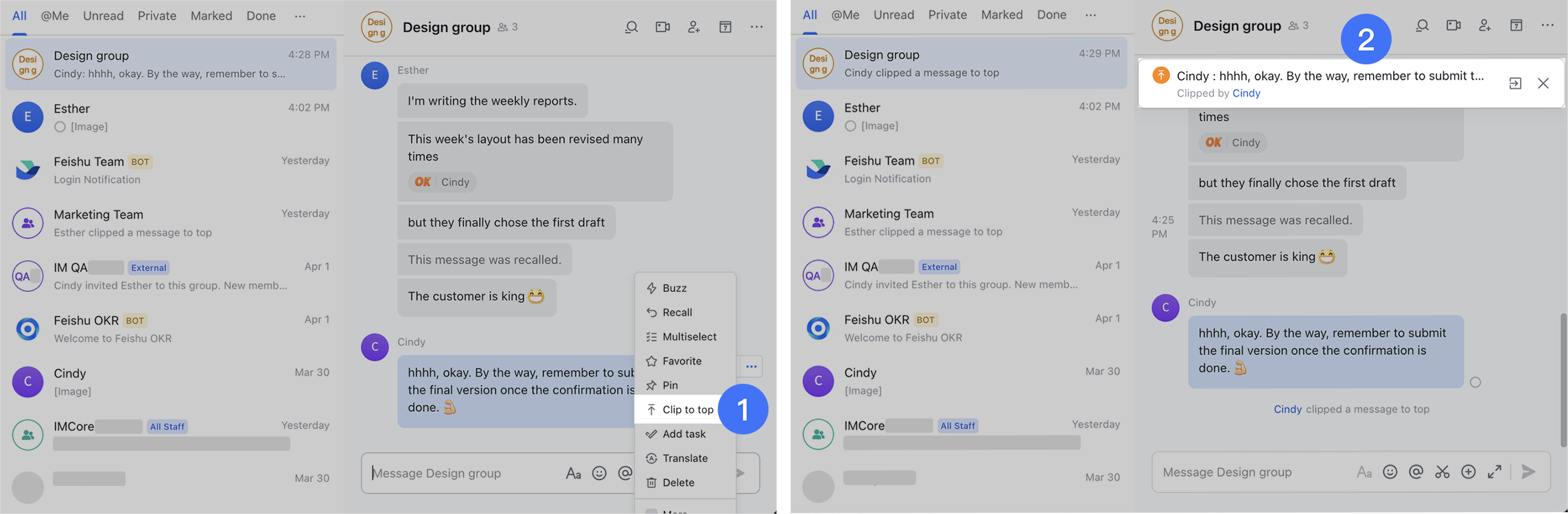 Clip important messages to top in chats
